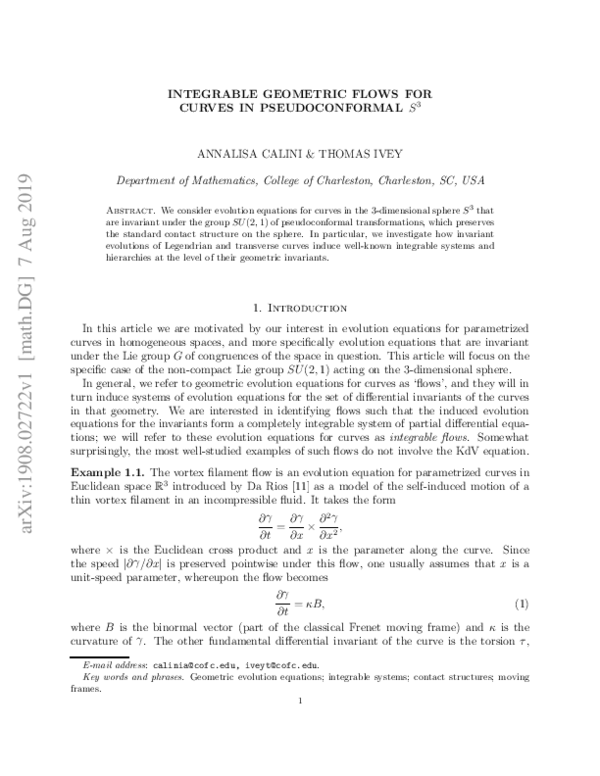 (PDF) Integrable Geometric Flows for Curves in the Pseudoconformal 3-Sphere