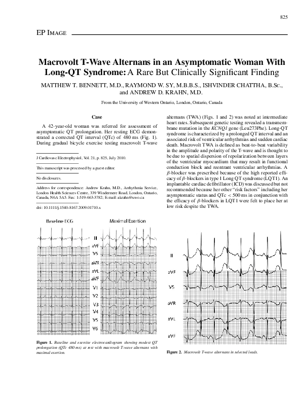 (PDF) Macrovolt T-Wave Alternans in an Asymptomatic Woman With Long-QT Syndrome: A Rare But ...