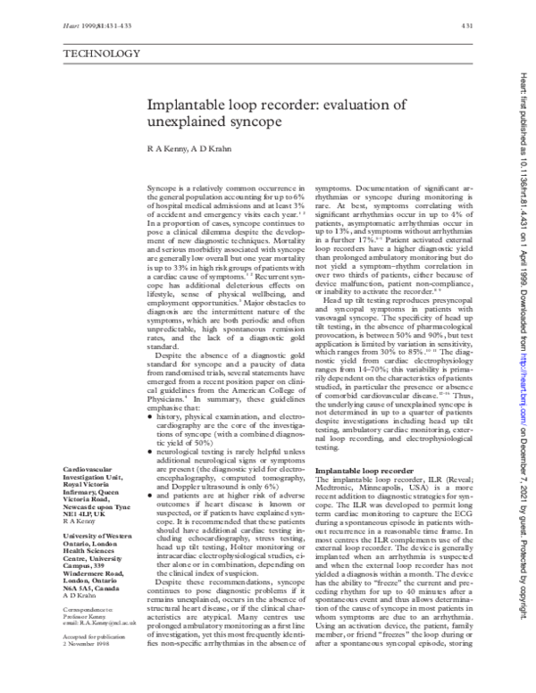 Pdf Implantable Loop Recorder Evaluation Of Unexplained Syncope