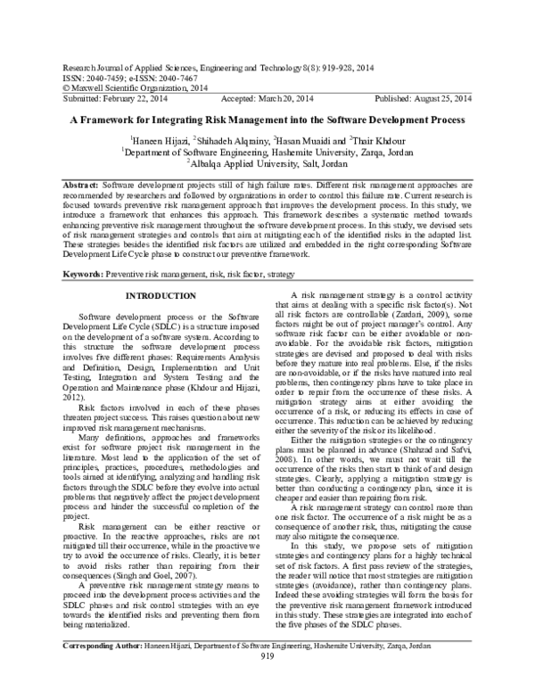 (PDF) A Framework for Integrating Risk Management into the Software ...