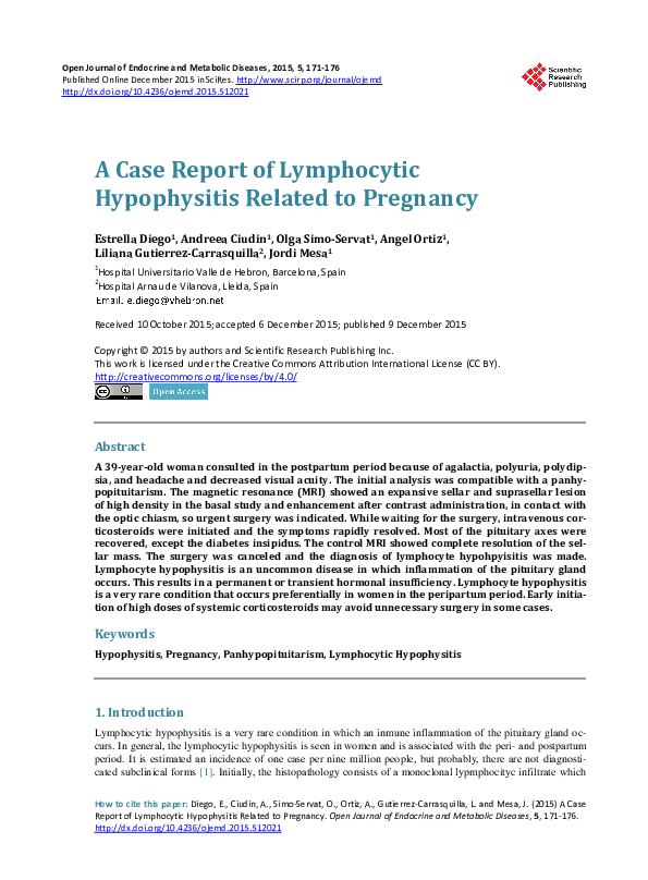 Pdf A Case Report Of Lymphocytic Hypophysitis Related To Pregnancy