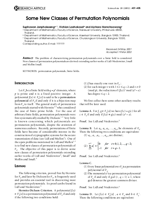 (PDF) Some New Classes of Permutation Polynomials