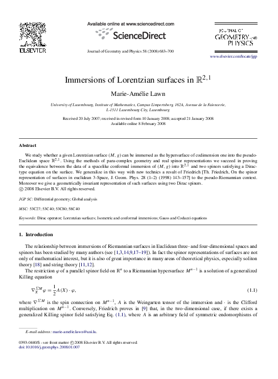 (PDF) Immersions of Lorentzian surfaces in R2,1