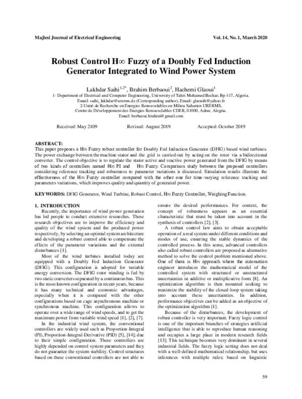 Pdf Robust Control H∞ Fuzzy Of A Doubly Fed Induction Generator