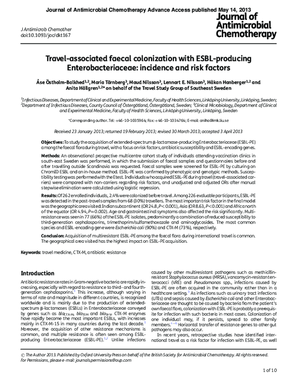 (PDF) Travel-associated faecal colonization with ESBL-producing ...