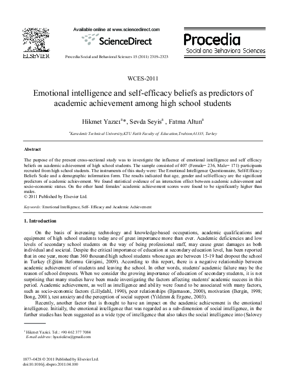 (PDF) Emotional intelligence and self-efficacy beliefs as predictors of ...