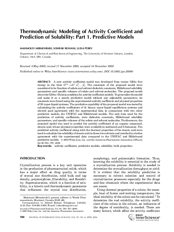 (PDF) Thermodynamic modeling of activity coefficient and prediction of solubility: Part 1 ...