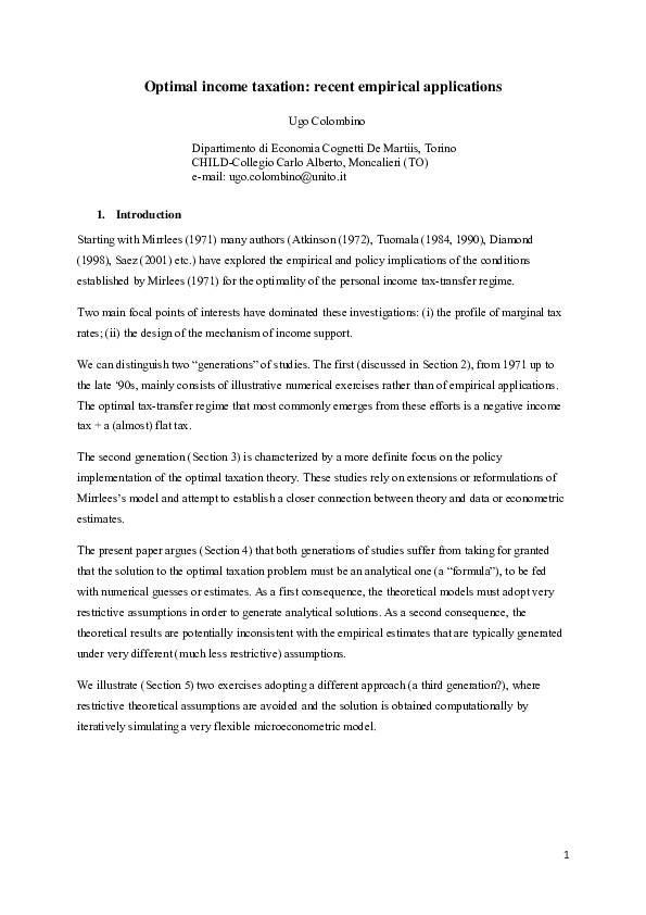(PDF) Optimal Income Taxation: Recent Empirical Applications