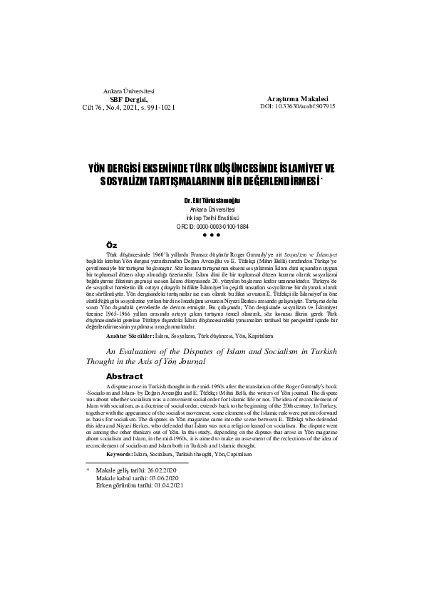 (PDF) YÖN DERGİSİ EKSENİNDE TÜRK DÜŞÜNCESİNDE İSLAMİYET VE SOSYALİZM ...