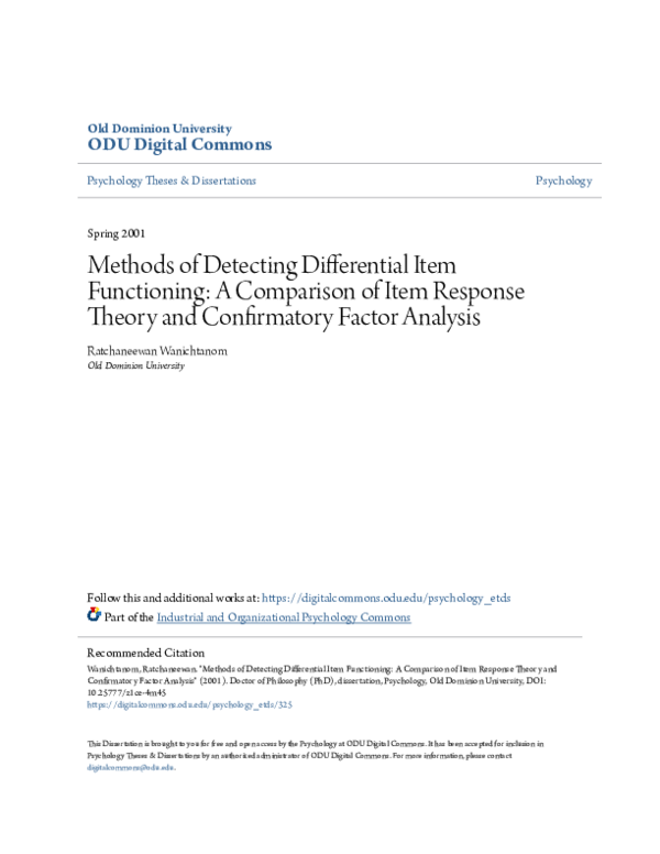 Pdf Methods Of Detecting Differential Item Functioning A Comparison Of Item Response Theory 