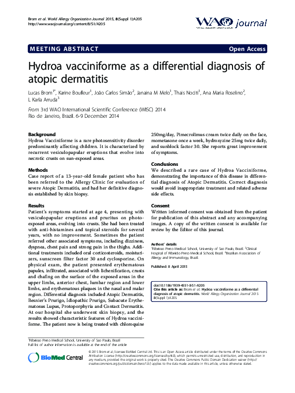 (PDF) Hydroa vacciniforme as a differential diagnosis of atopic ...