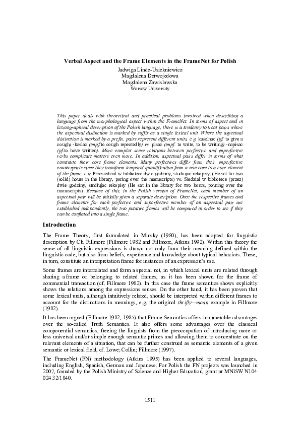(PDF) Verbal spect and the frame elements in the FrameNet for Polish