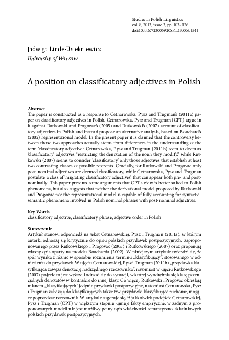 (PDF) A position on classificatory adjectives in Polish