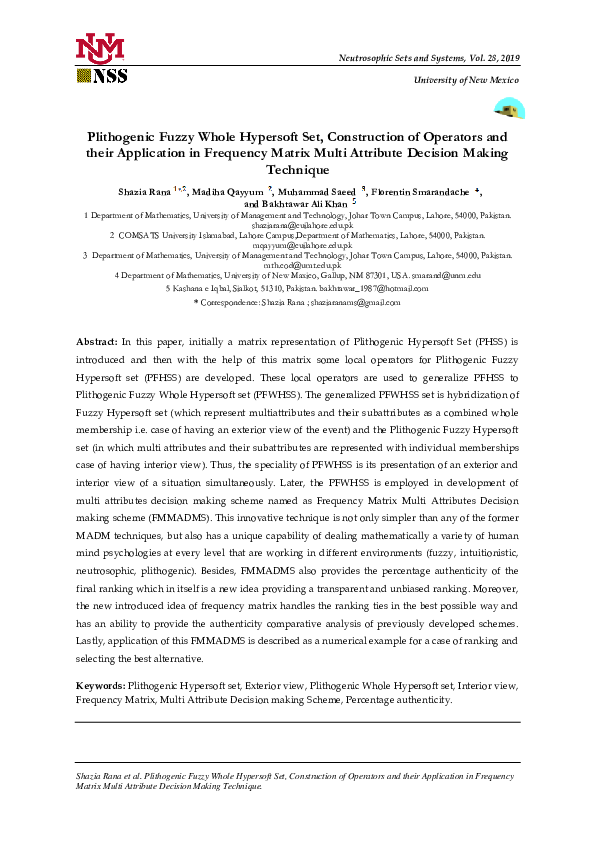 (PDF) Plithogenic Fuzzy Whole Hypersoft Set, Construction of Operators and their Application in ...