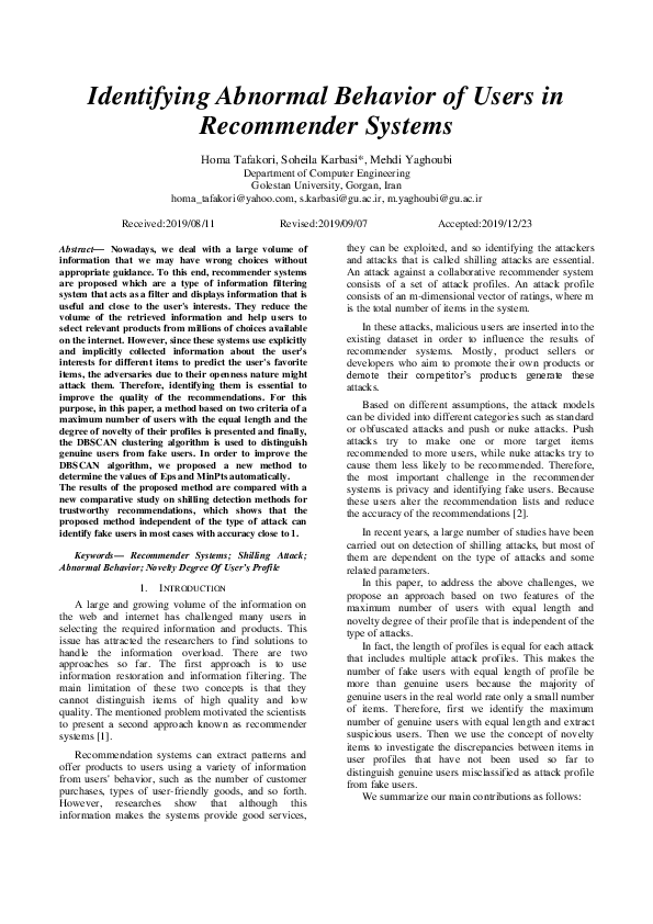 (PDF) Identifying Abnormal Behavior of Users in Recommender Systems