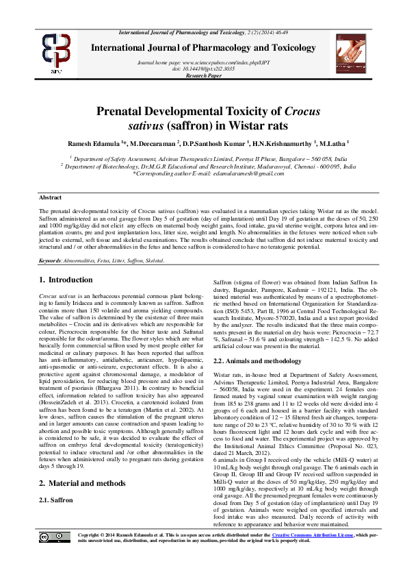 (PDF) Prenatal developmental toxicity of crocus sativus (saffron) in ...