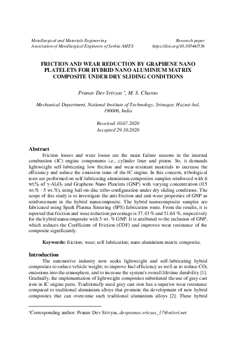 (PDF) Friction and wear reduction by graphene nano platelets for hybrid nano Aluminium matrix ...