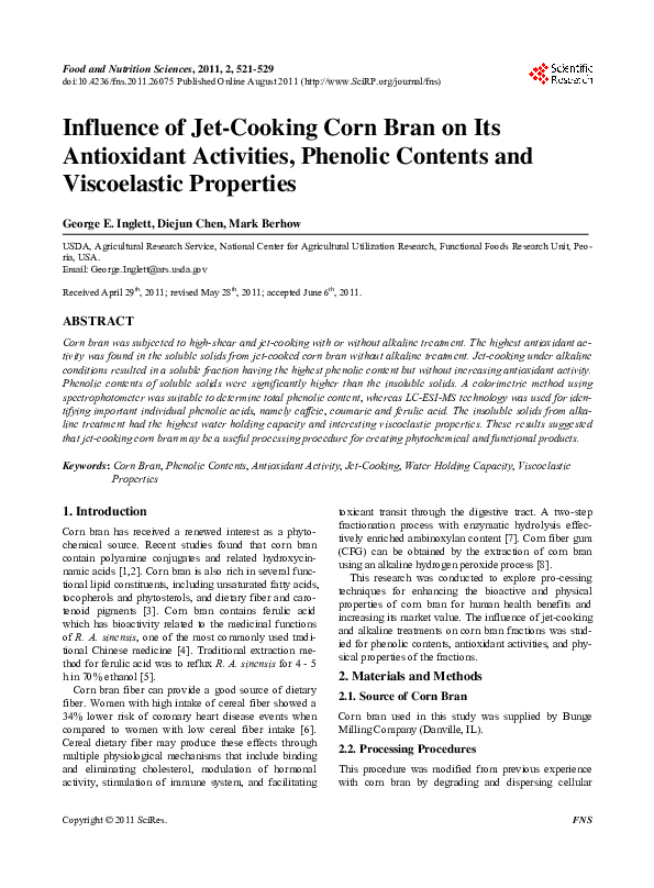 (PDF) Influence of Jet-Cooking Corn Bran on Its Antioxidant Activities ...