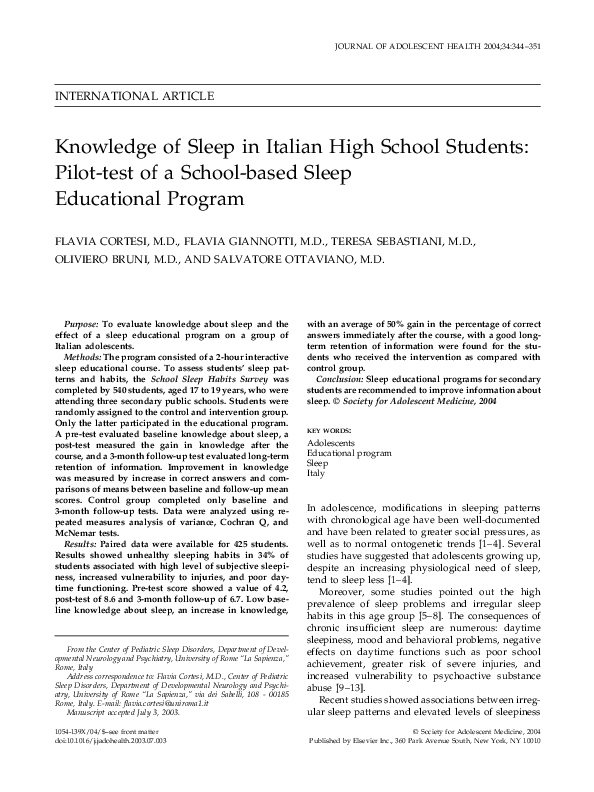 (PDF) Knowledge of sleep in Italian high school students: pilot-test of ...