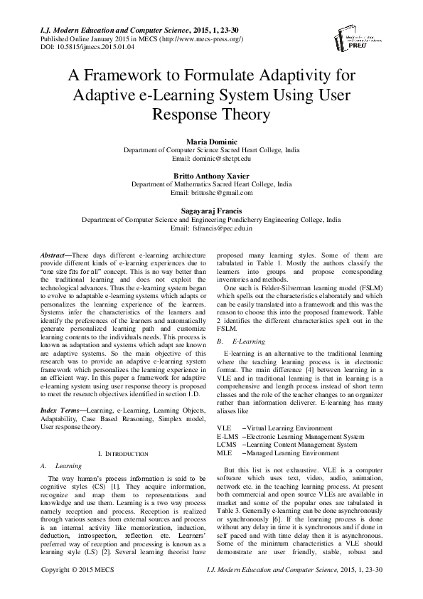 (PDF) A Framework to Formulate Adaptivity for Adaptive e-Learning System Using User Response Theory