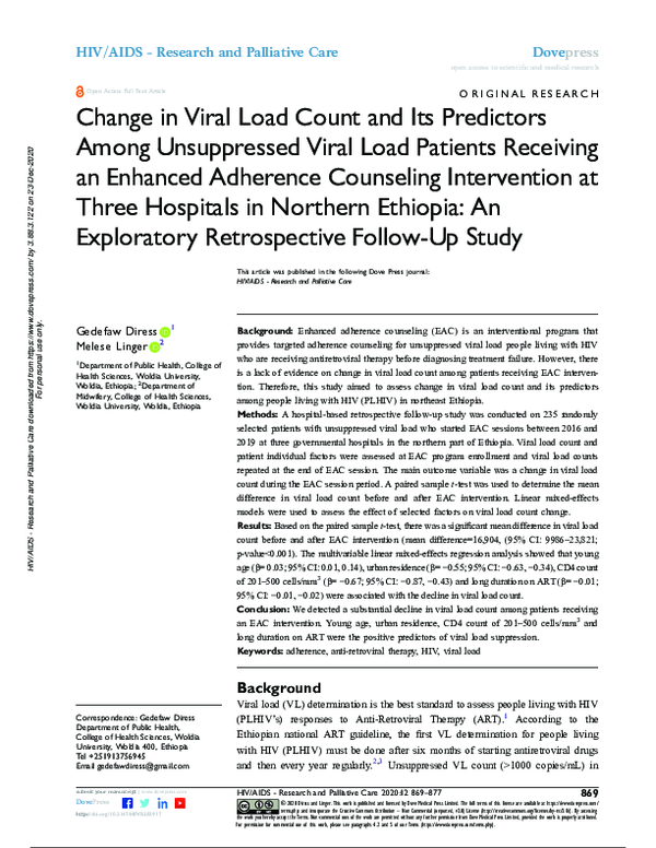 (PDF) Change in Viral Load Count and Its Predictors Among Unsuppressed ...