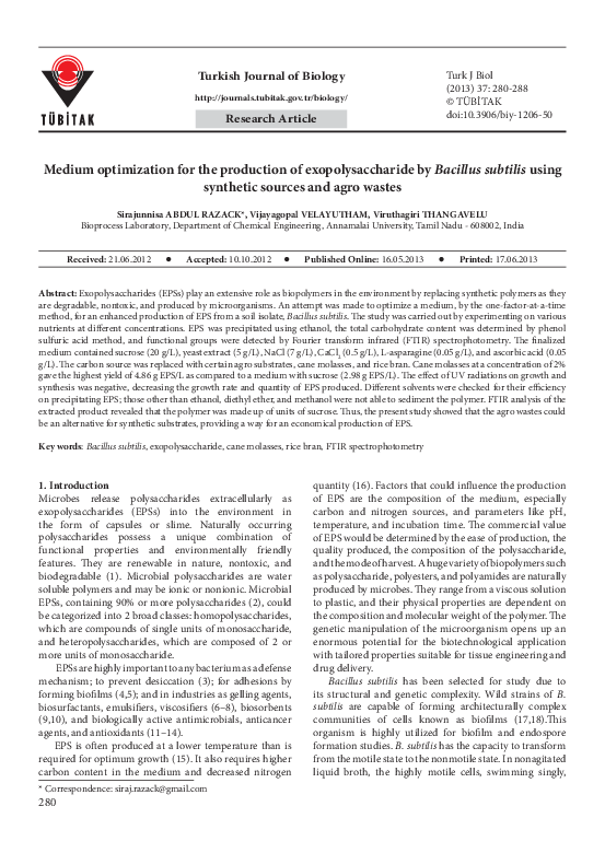 (PDF) Medium optimization for the production of exopolysaccharide by Bacillus subtilis using ...