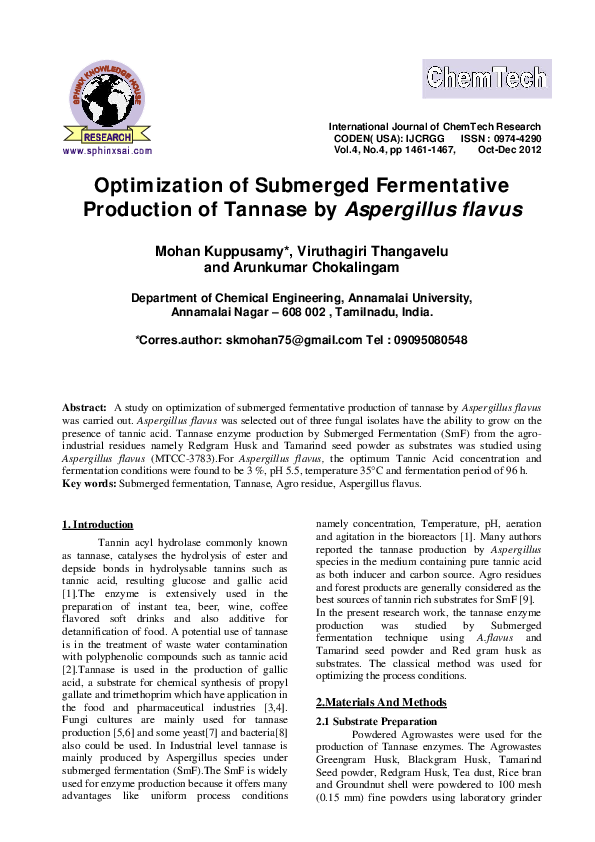 (PDF) Optimization of Submerged Fermentative Production of Tannase by Aspergillus flavus