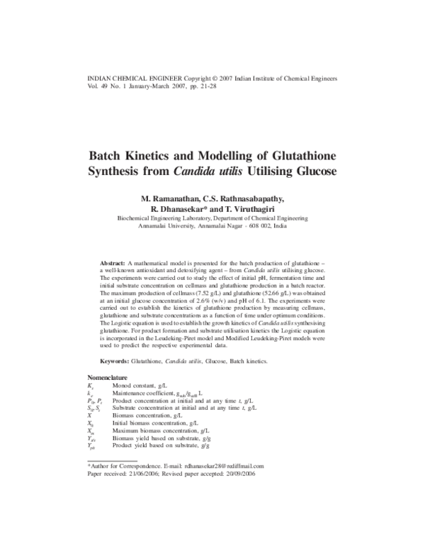 (PDF) Batch Kinetics and Modelling of Glutathione Synthesis from Candida utilis Utilising Glucose
