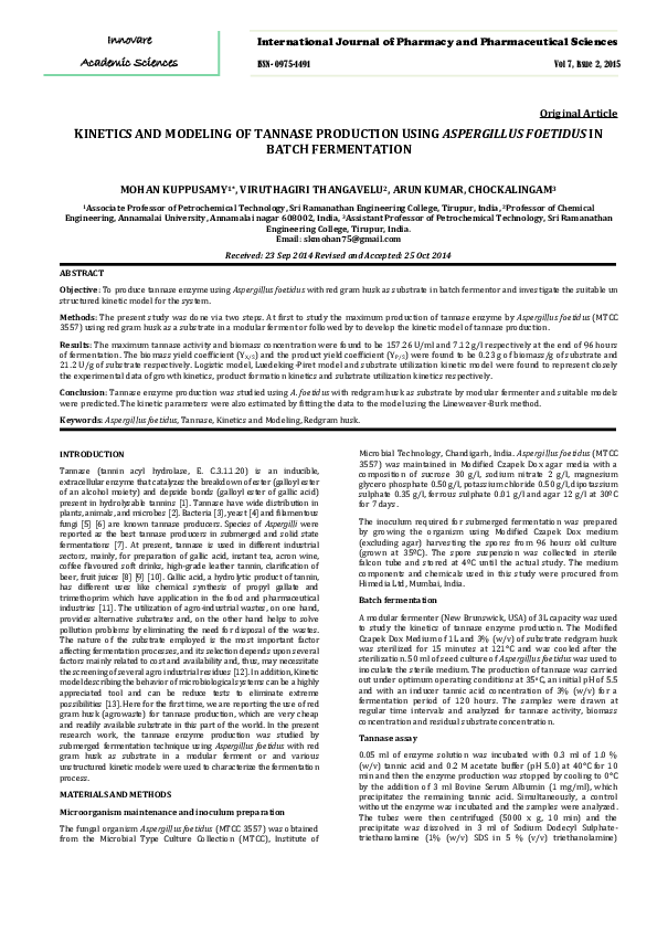 (PDF) Tannase Production Kinetics Using Aspergillus