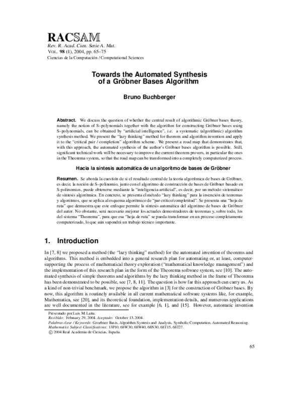 Pdf Towards The Automated Synthesis Of A Grobner Bases Algorithm Bruno Buchberger 