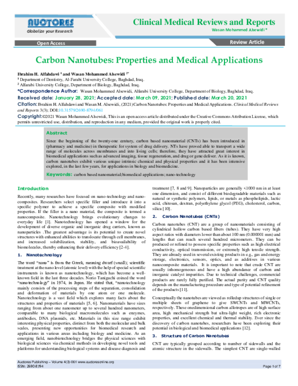 (PDF) Carbon Nanotubes: Properties and Medical Applications