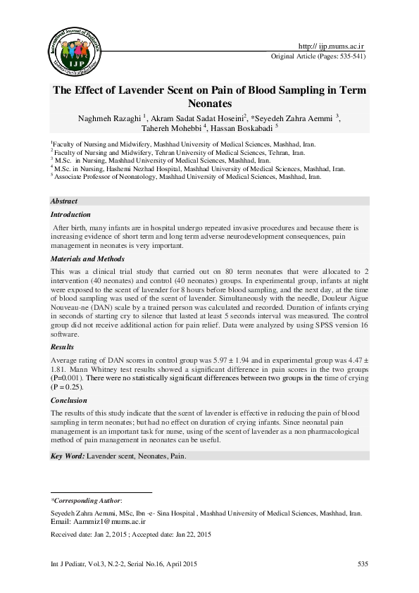 (PDF) The Effects of Lavender Scent on Pain of Blood Sampling in Term ...