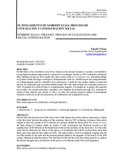 (PDF) EL PENSAMIENTO DE NORBERT ELIAS: PROCESO DE CIVILIZACIÓN Y ...