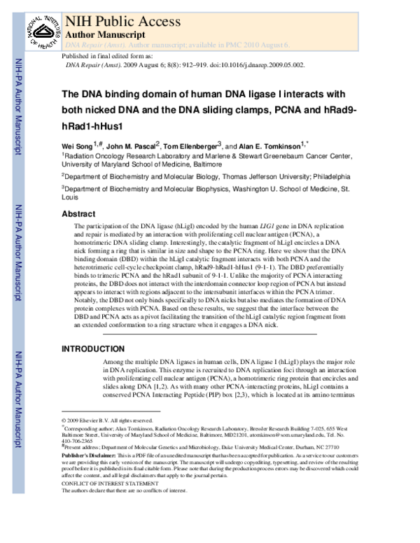 (PDF) The DNA binding domain of human DNA ligase I interacts with both ...