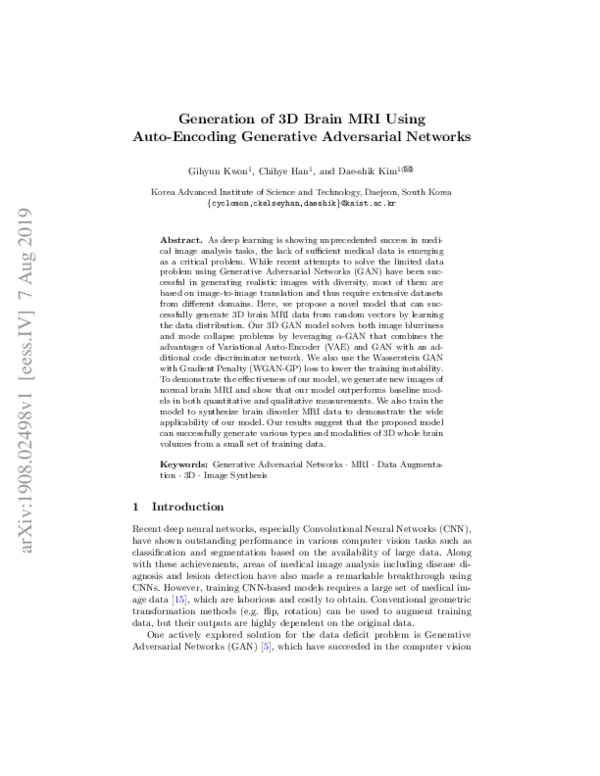 Pdf Generation Of 3d Brain Mri Using Auto Encoding Generative Adversarial Networks 9880