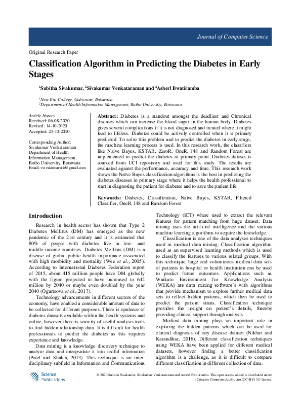 Pdf Classification Algorithm In Predicting The Diabetes In Early Stages