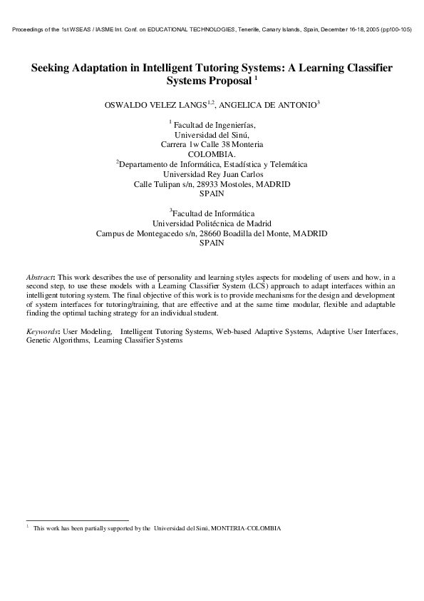 (PDF) Seeking Adaptation in Intelligent Tutoring Systems: A Learning Classifier Systems Proposal
