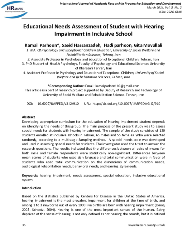 (PDF) Educational Needs Assessment of Student with Hearing Impairment ...