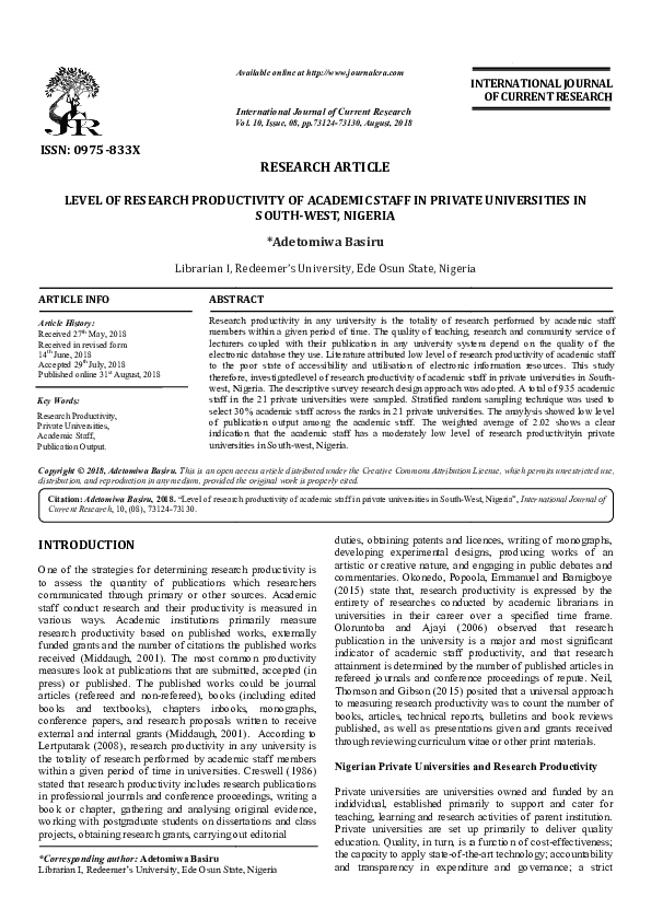 (PDF) LEVEL OF RESEARCH PRODUCTIVITY OF ACADEMIC STAFF IN PRIVATE ...