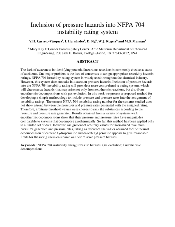 (PDF) Inclusion of pressure hazards into NFPA 704 instability rating system