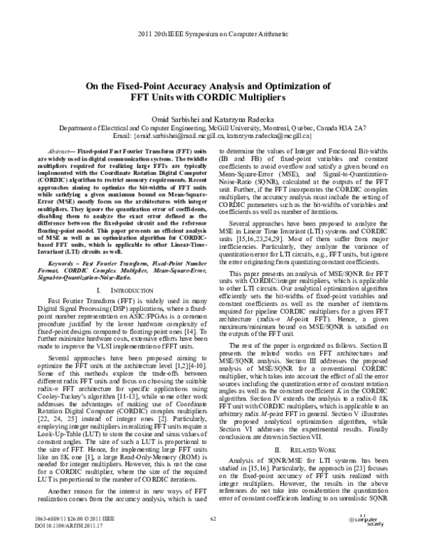 Pdf On The Fixed Point Accuracy Analysis And Optimization Of Fft Units With Cordic Multipliers