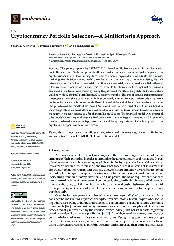 (PDF) Cryptocurrency Portfolio Selection—A Multicriteria Approach