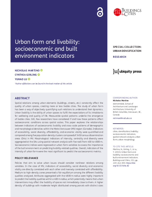 (PDF) Urban form and livability: socioeconomic and built environment ...