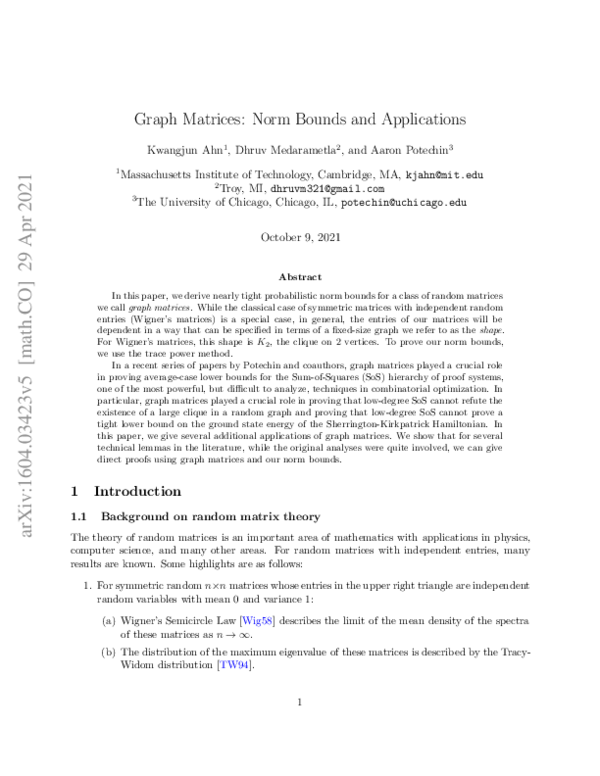 (PDF) Graph Matrices: Norm Bounds and Applications