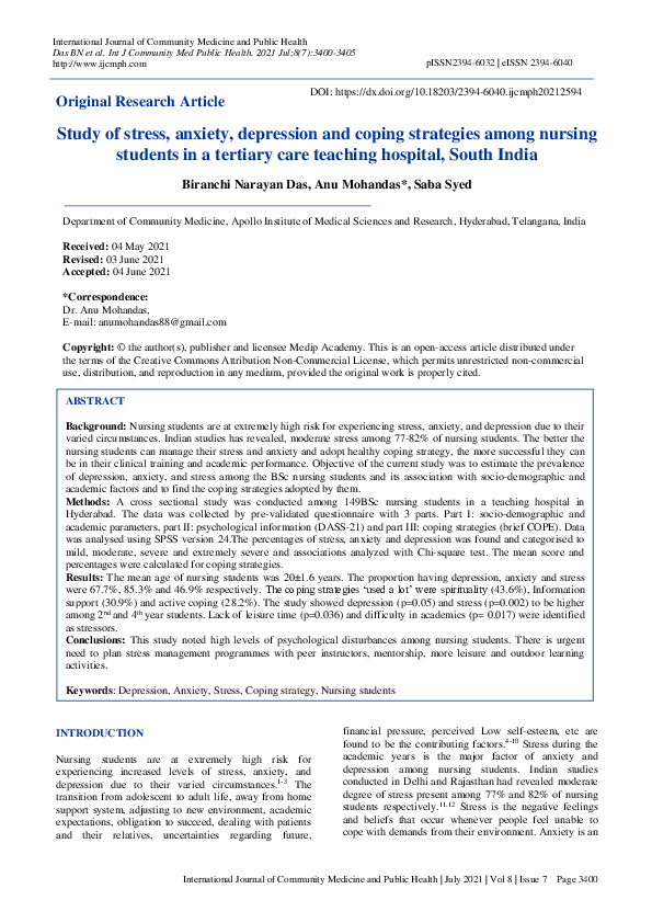 (PDF) Study of stress, anxiety, depression and coping strategies among nursing students in a ...