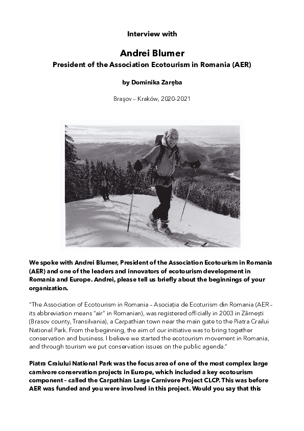 (PDF) Interview Andrei Blumer on ecotourism in Romania