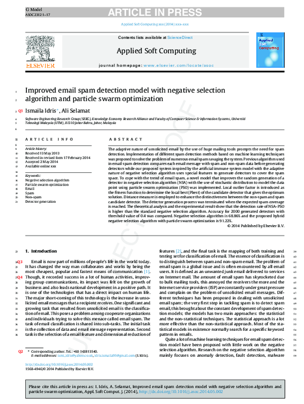 (PDF) Improved email spam detection model with negative selection algorithm and particle swarm ...