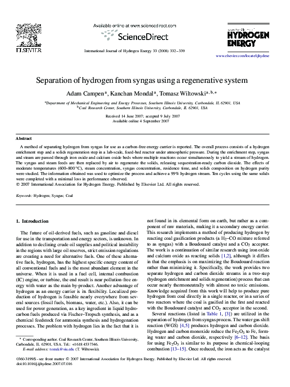 (PDF) Separation of hydrogen from syngas using a regenerative system