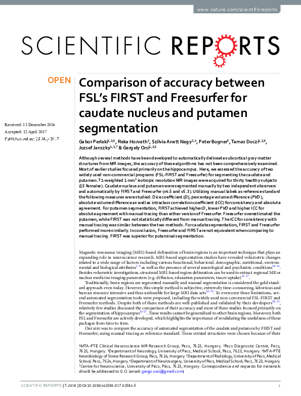 Pdf Comparison Of Accuracy Between Fsls First And Freesurfer For