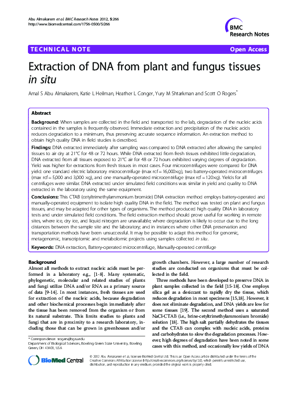 (PDF) Extraction of DNA from plant and fungus tissues in situ